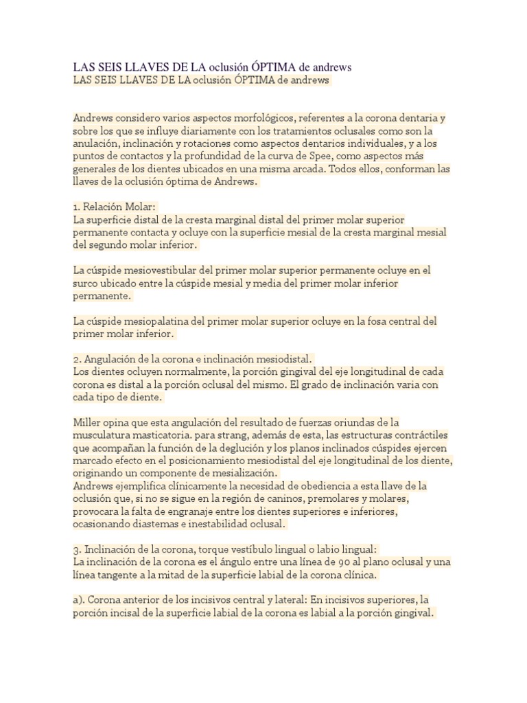 LAS SEIS LLAVES DE LA Oclusión ÓPTIMA de Andrews | PDF | Diente | Ramas ...