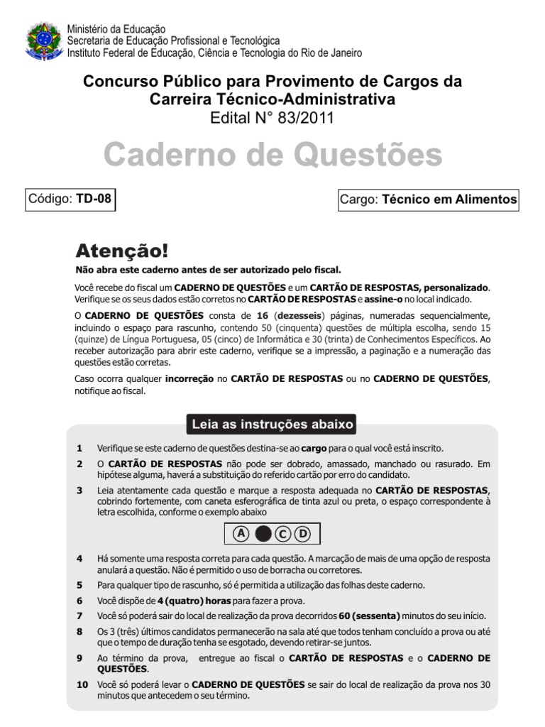 Cad - Quest - TD-08-Técnico em Alimentos Inferência | PDF