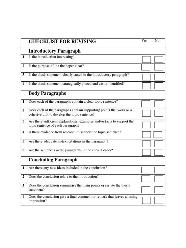 Checklist For Revising Introductory Paragraph: Yes No | PDF | Career ...