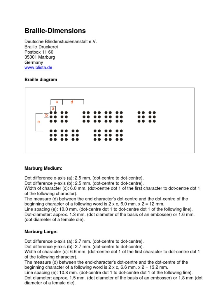 Braille Dimensions and Specifications | PDF