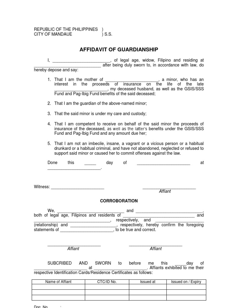 Affidavit of Guardianship Sample Form | PDF | Affidavit | Legal Guardian