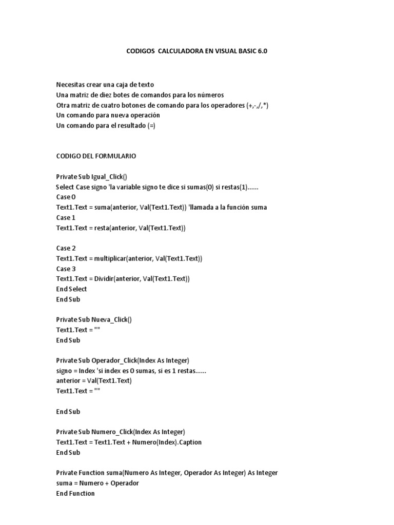Codigos Calculadora en Visual Basic 6 | PDF | Básico | Objetos matemáticos