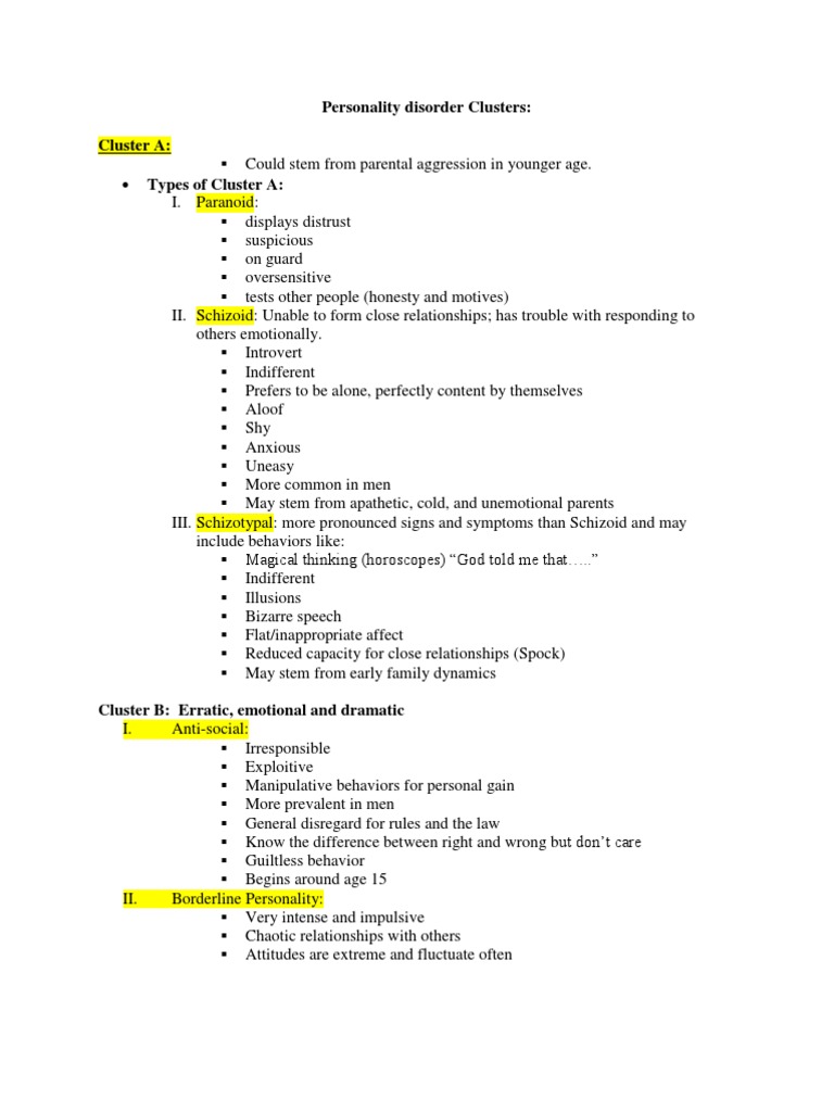 Personality Disorder Clusters | PDF | Personality Disorder ...