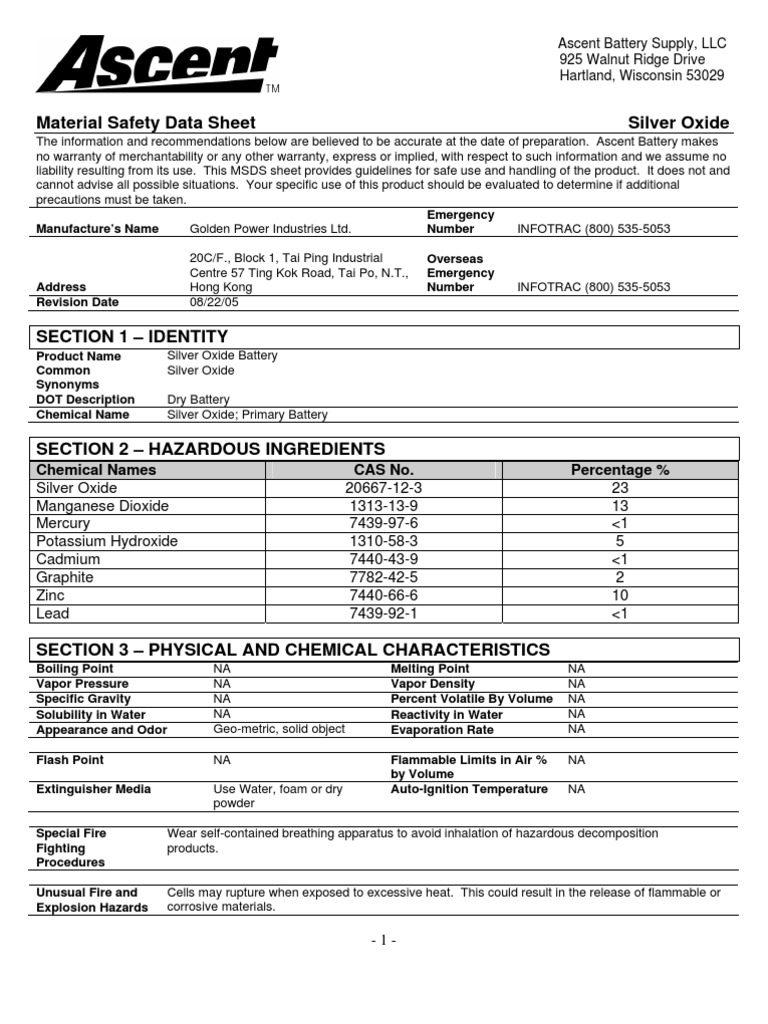 Silver Oxide MSDS 0905 | PDF | Battery (Electricity) | Sodium