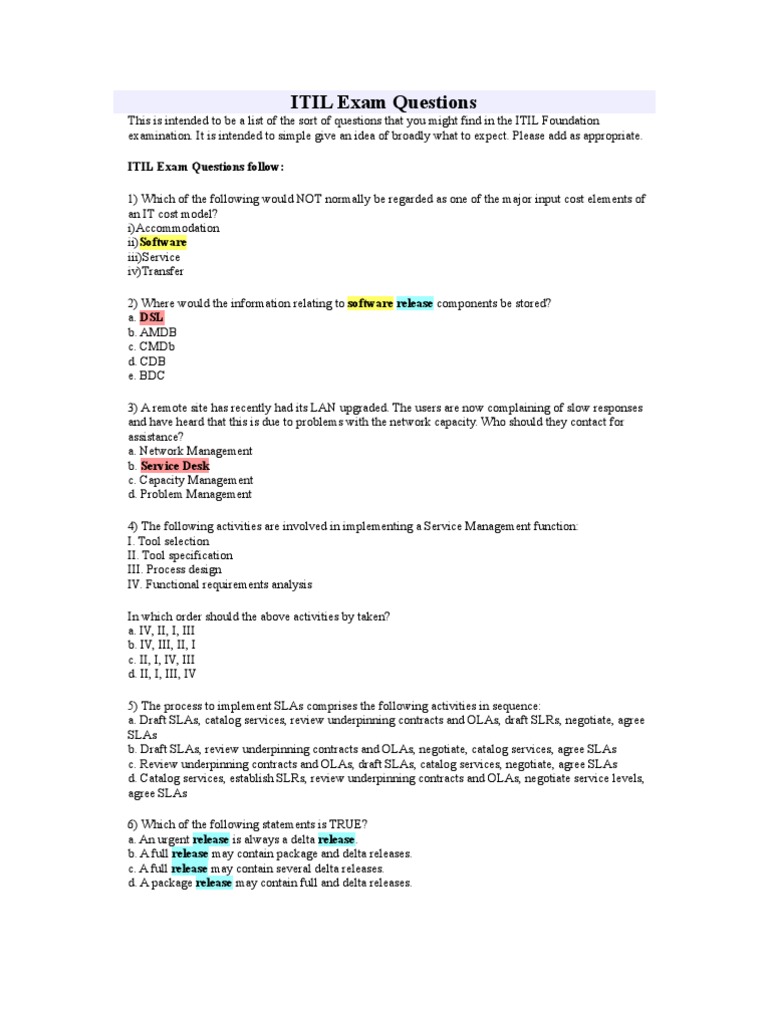 ITIL Exam Questions | PDF | Itil | It Service Management