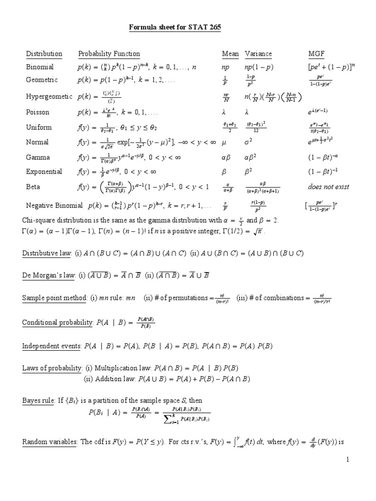 Formula Sheet | PDF | Variance | Probability Density Function
