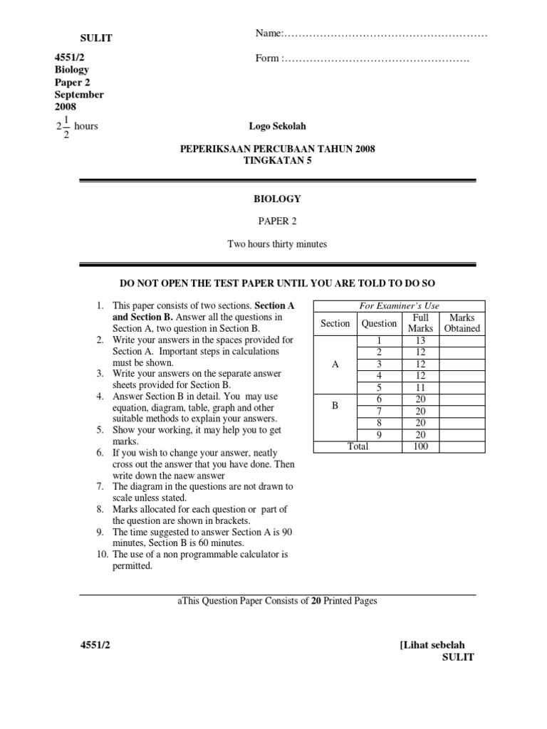 Pahang Biology Paper 2 | PDF