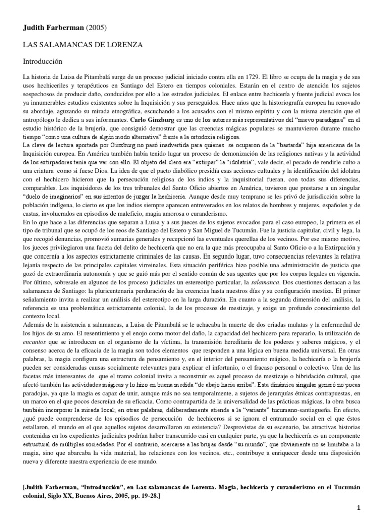 Resumen - Judith Farberman (2005) "Las Salamancas de Lorenza" (Introducción) | PDF | Inquisición ...