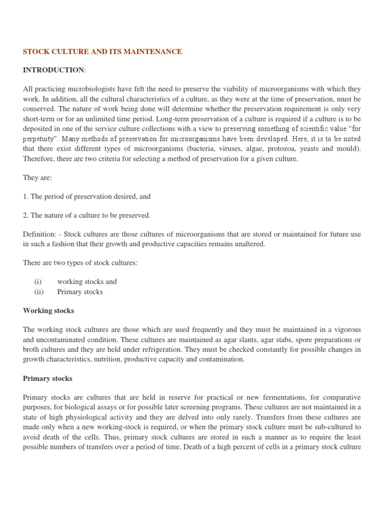 Stock Culture and Its Maintenance | PDF | Growth Medium | Freeze Drying