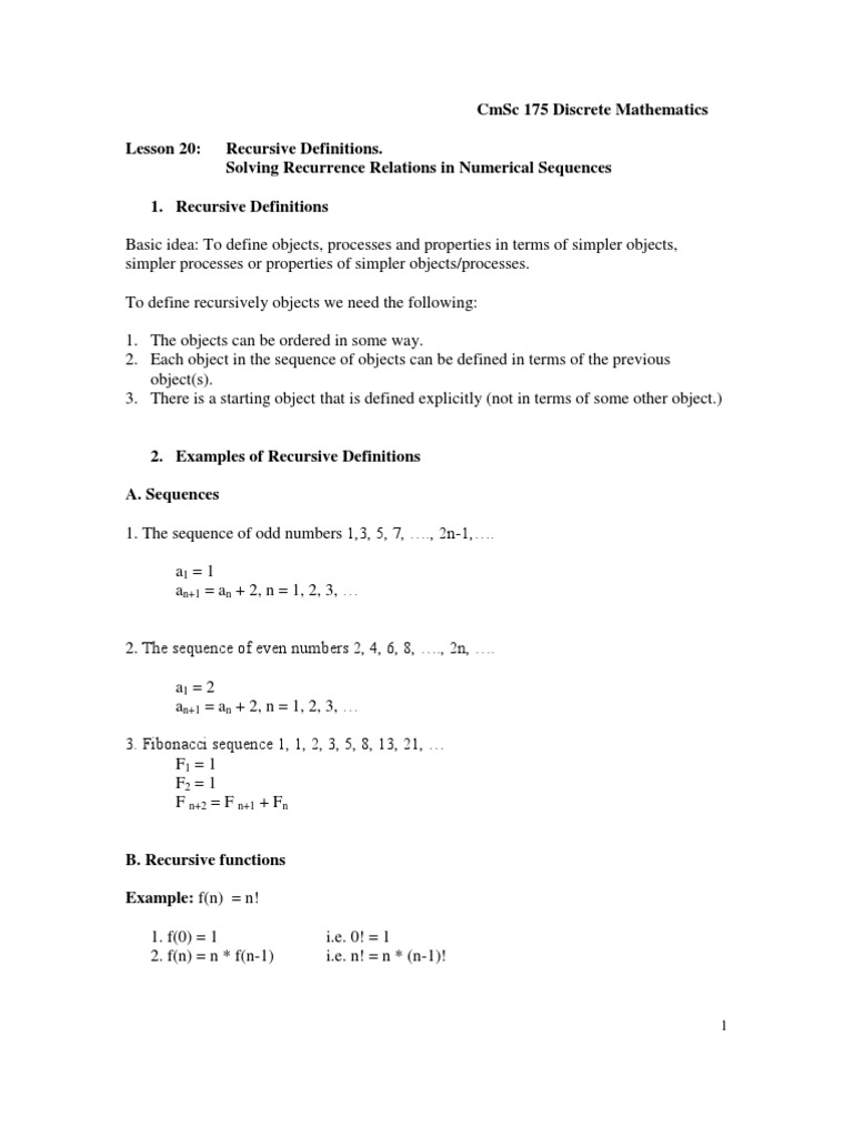 Recursive Definitions And Solving Recurrence Relations Rdsr Pdf Recurrence Relation Sequence