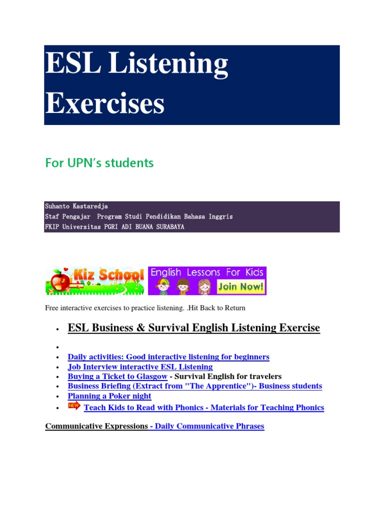 ESL Listening Exercises | Download Free PDF | English As A Second Or ...