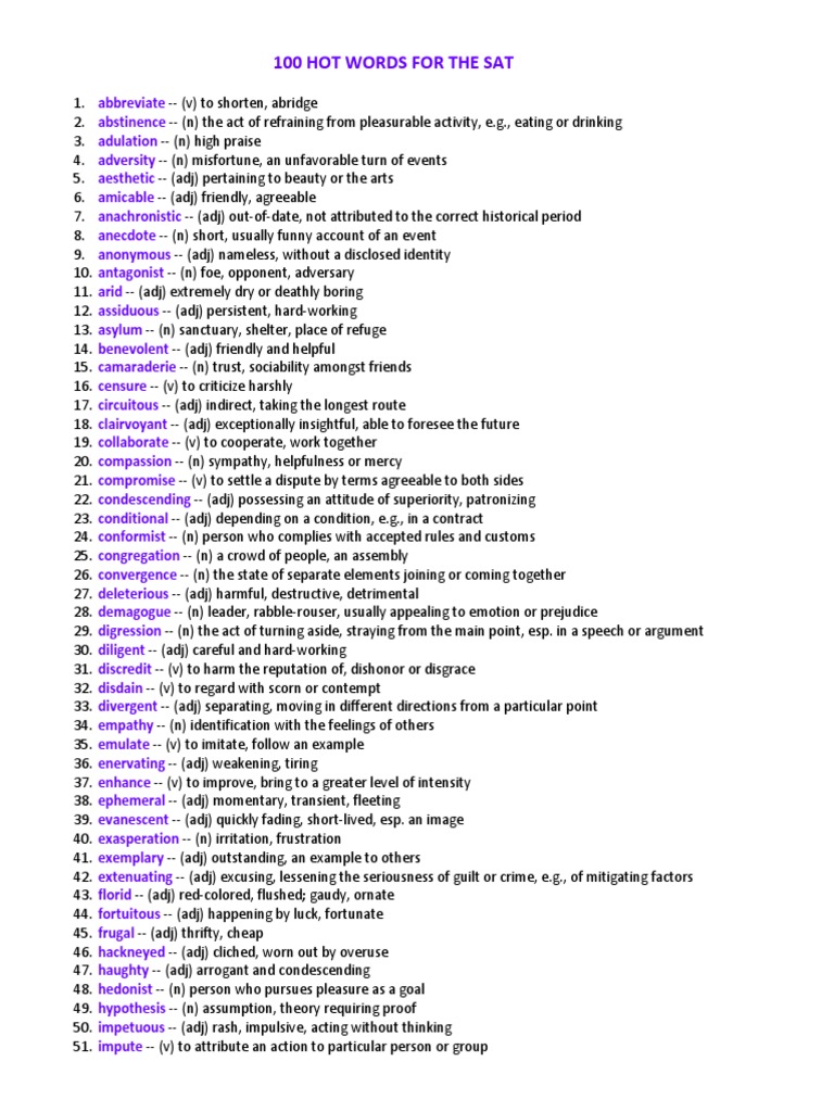 100 Hot Words For The Sat | PDF | Psychological Concepts