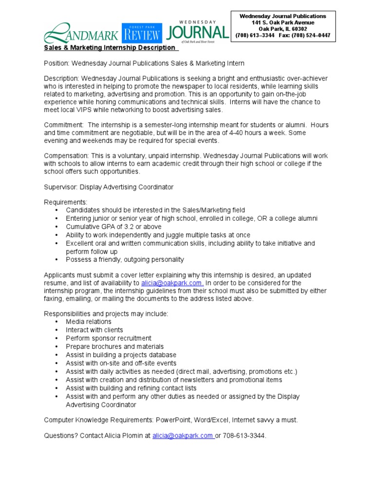 Marketing and Sales Internship Application | Internship | Advertising
