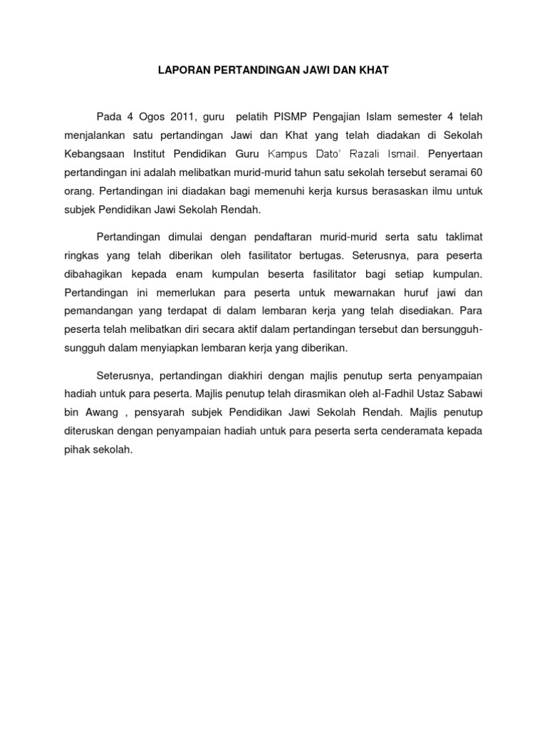 Laporan Pertandingan Jawi Dan Khat | PDF