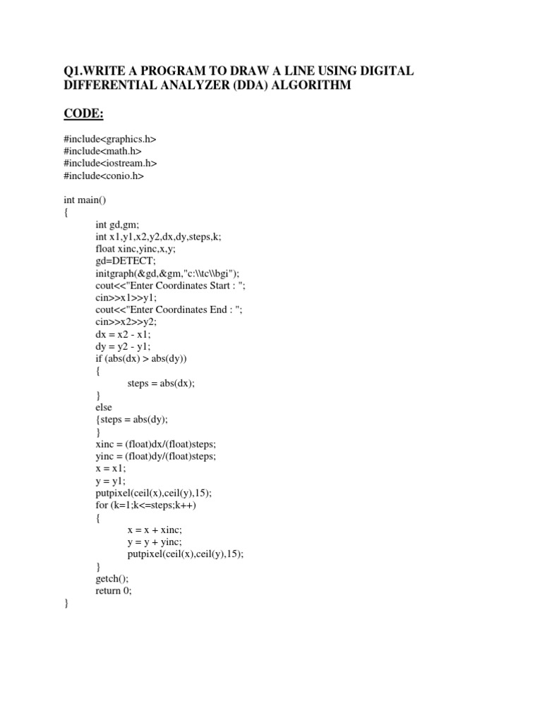 Q1.Write A Program To Draw A Line Using Digital Differential Analyzer ...
