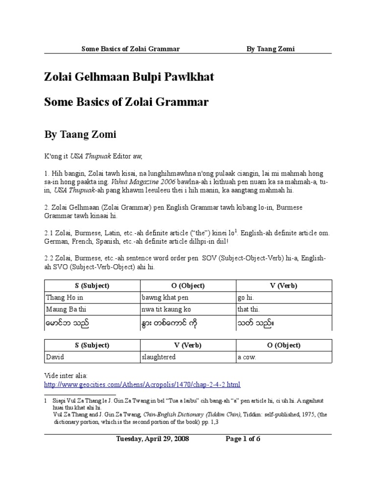Some Basics of Zolai Grammar | PDF