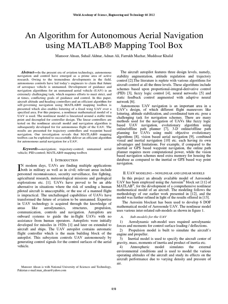 2012 An Algorithm For Autonomous Aerial Navigation Using Matlab® Mapping Tool Box V66 159an