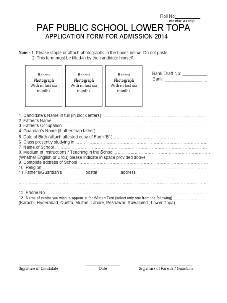 Paf Public School Lower Topa: Application Form For Admission 201 4 | PDF