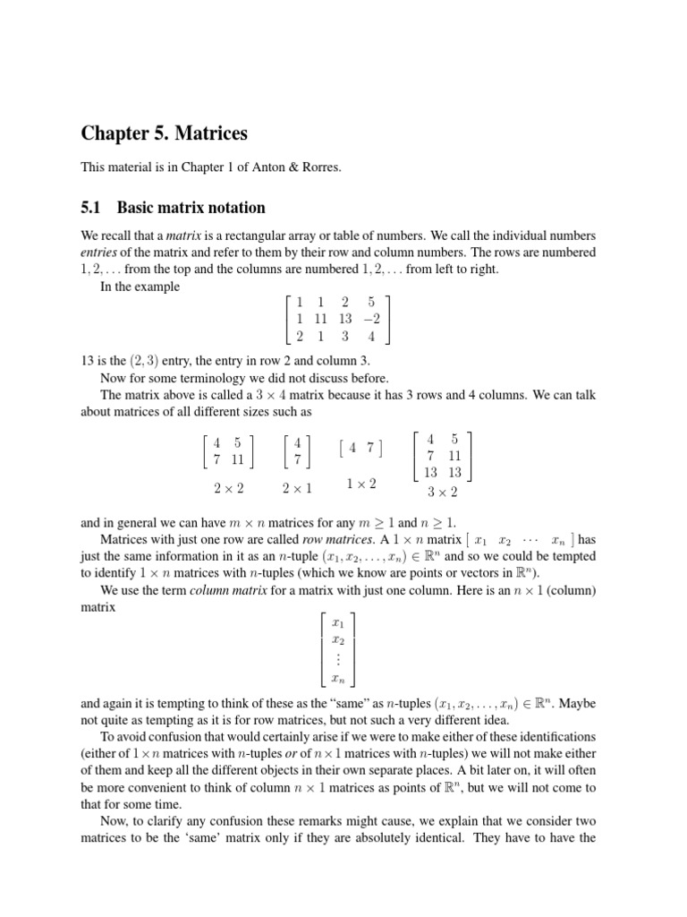 Chapter 5. Matrices: 5.1 Basic Matrix Notation | Download Free PDF ...