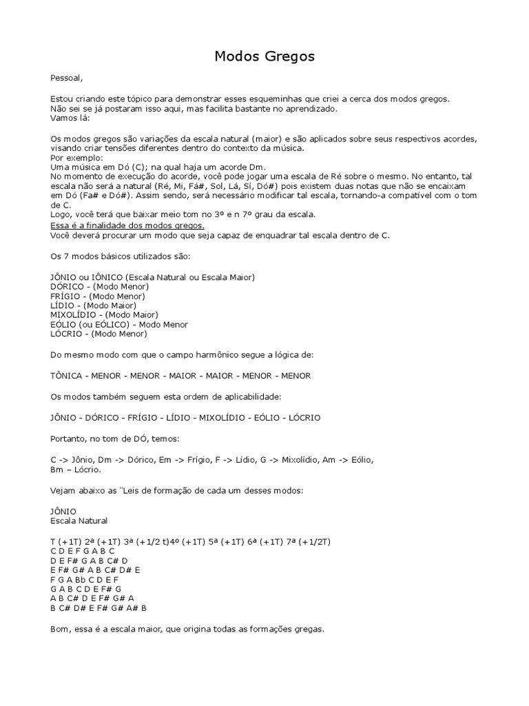 Modos Gregos para Músicos Iniciantes | PDF | Escala (música) | Teoria ...