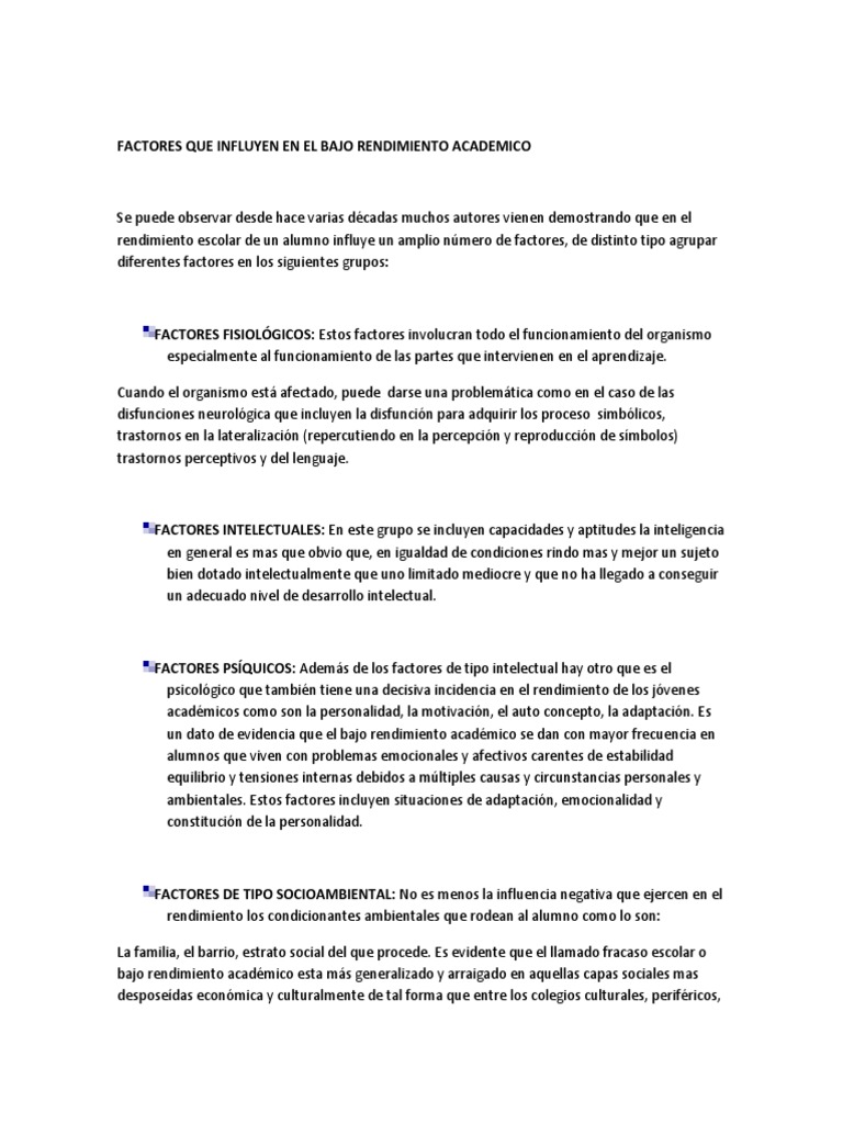 Factores Que Influyen en El Bajo Rendimiento Academico | PDF | Percepción visual | Motivación