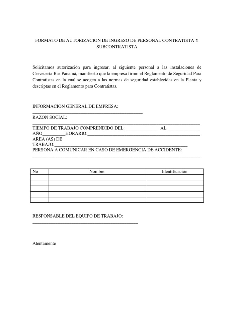 Formato de Autorizacion de Ingreso de Personal Contratista y Subcontratista | PDF | Business