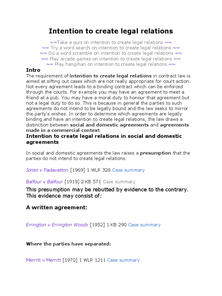 Intention To Create Legal Relations | PDF | Legal Concepts | Civil Law ...