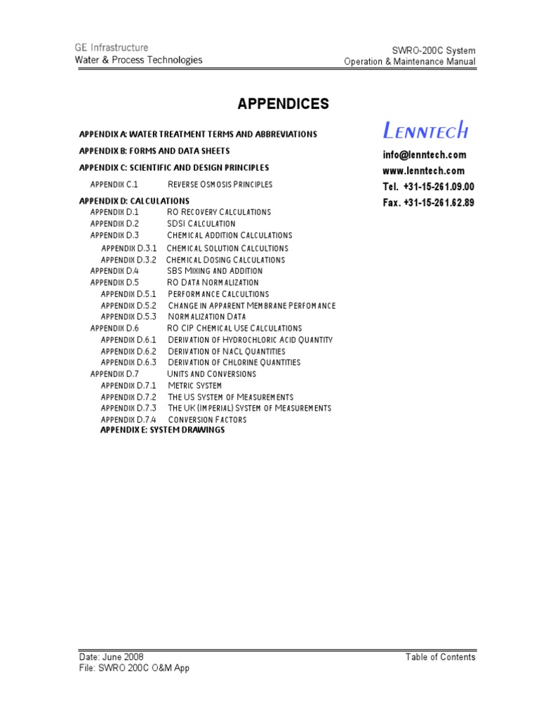 GE Osmonics SWRO 200C O&M Manual L | PDF | Membrane | Osmosis
