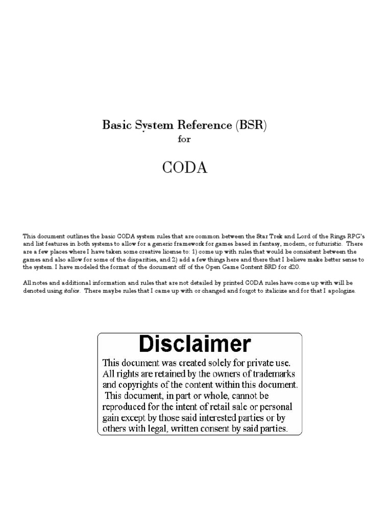 Basic System Reference (BSR) For CODA v1.8.14 PDF | PDF | Role Playing Games | Gaming