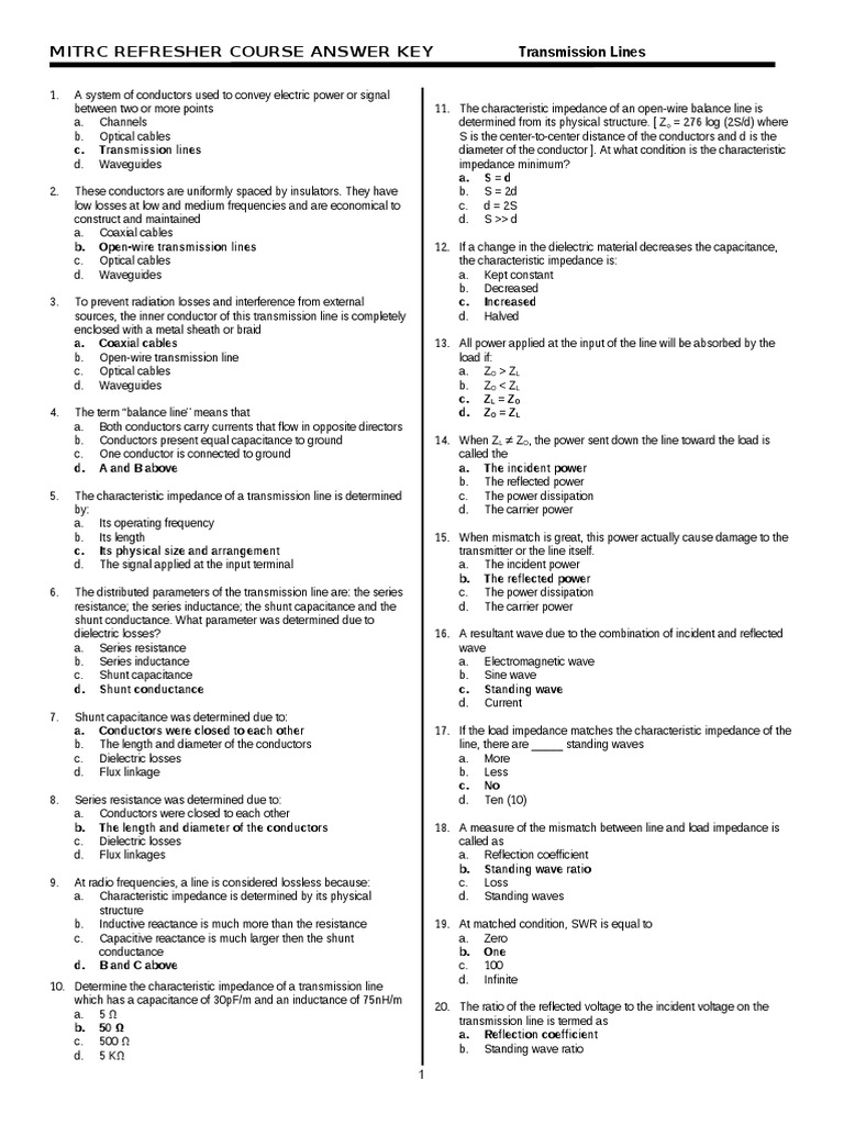 COMMS 6 - Trans Line Answers | PDF | Transmission Line | Coaxial Cable