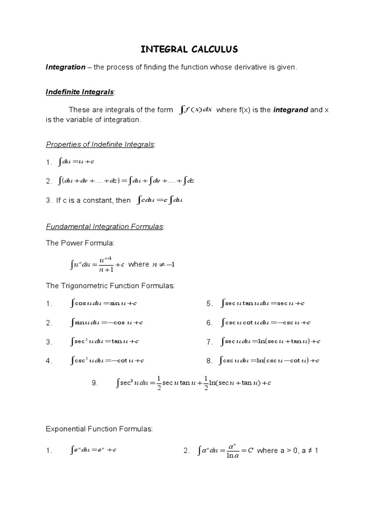 INTEGRAL CALCULUS Handouts | PDF | Integral | Trigonometric Functions