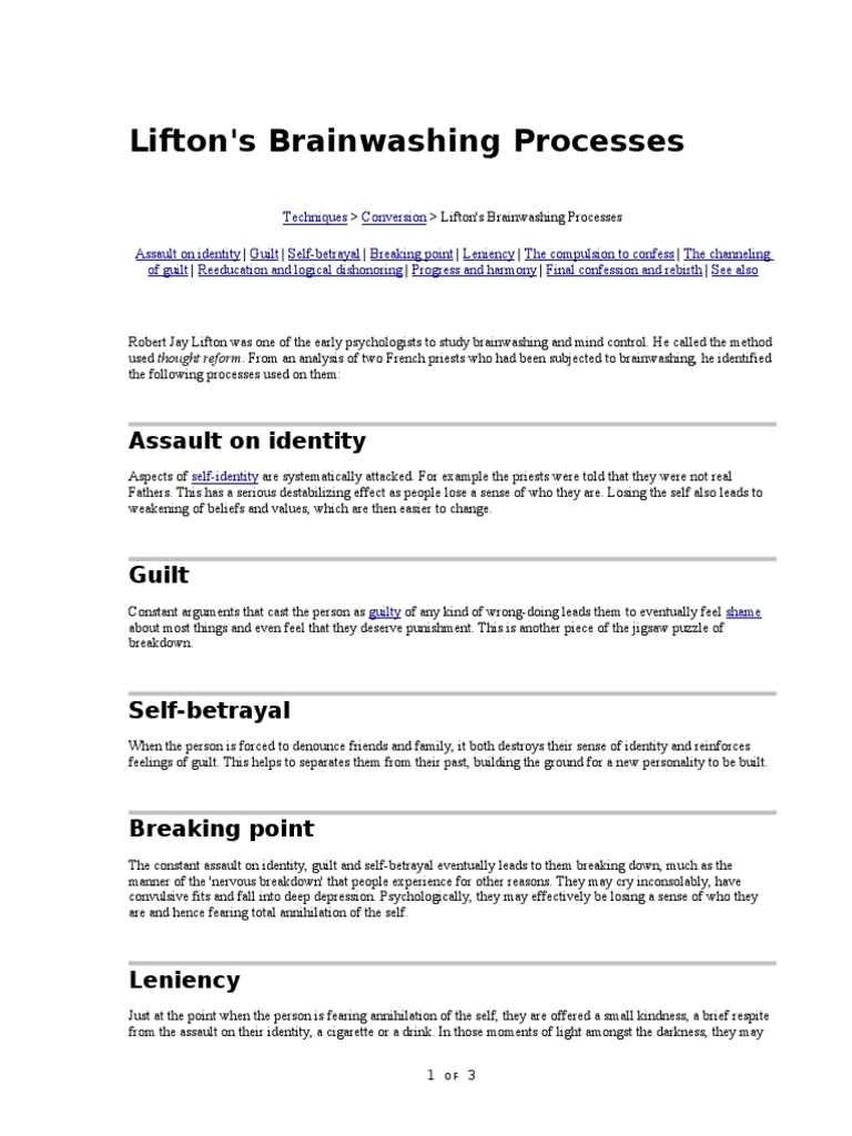 Lifton's Brainwashing Techniques Explained | PDF | Mind Control | Guilt ...