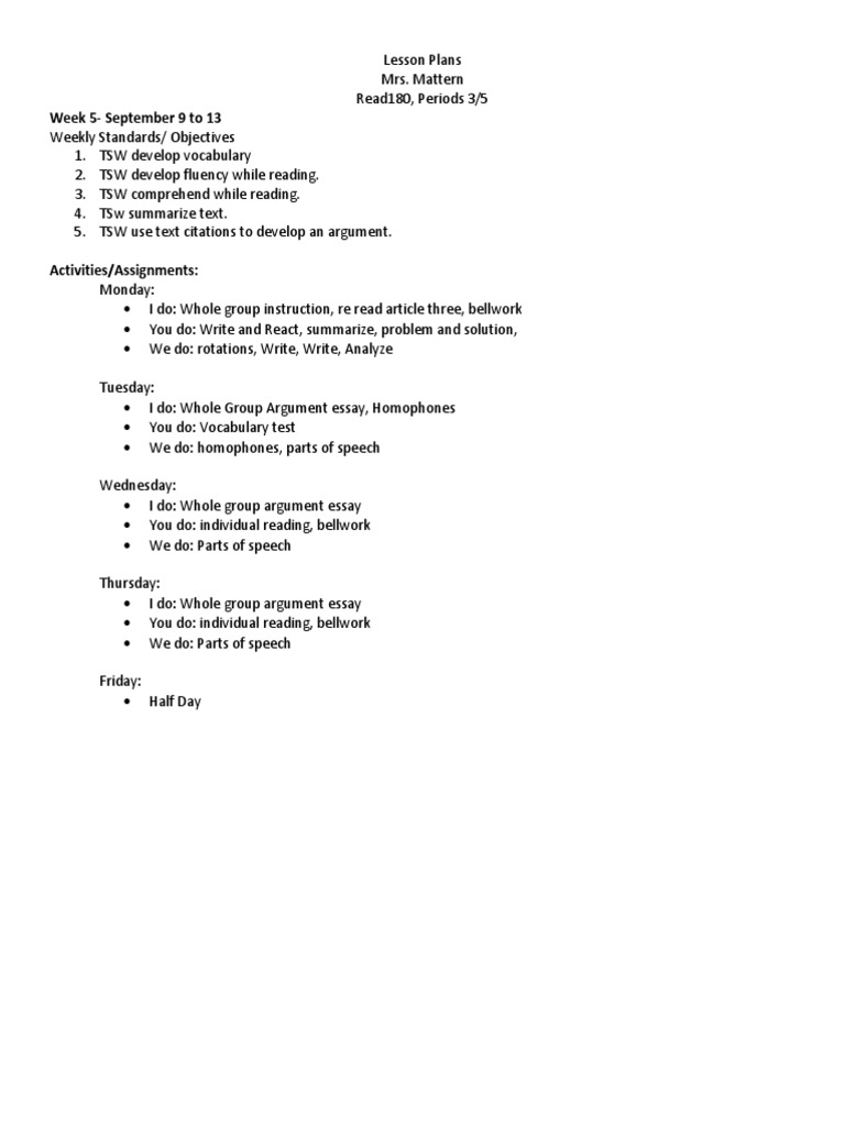 Week 5 Lesson Plans | PDF