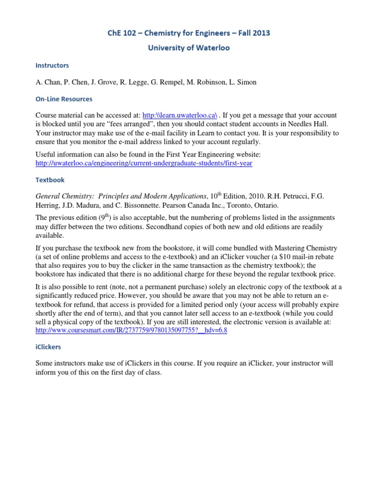CHE 102 Course Syllabus Fall 2013 | Download Free PDF | Gases ...