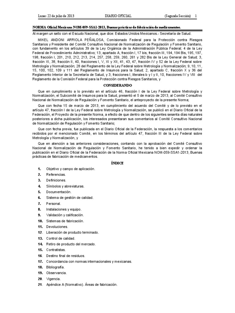 Nom 059 Ssa1 2013 | PDF | Medicamentos con receta | Calidad (comercial)