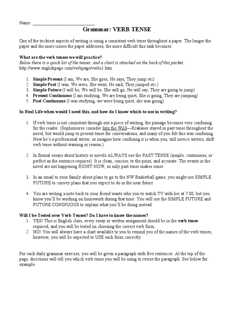 Verb Tenses Packet | PDF | Perfect (Grammar) | English Language