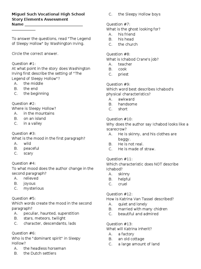 2013 - Story Elements Assessment (Legend of Sleepy Hollow) | PDF | The ...