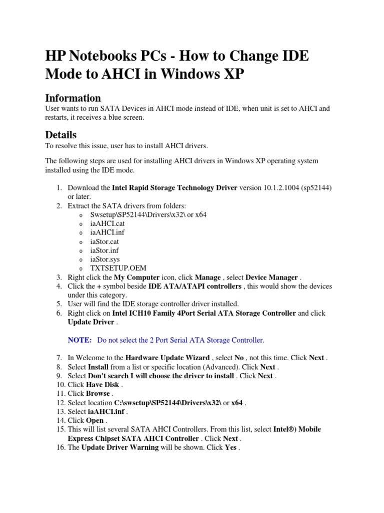 Change IDE Mode To AHCI in Windows XP | PDF