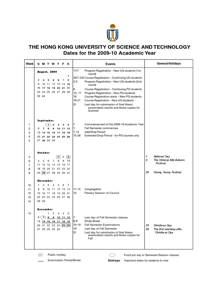 Academic Calendar for the 2009-10 Academic Year at The Hong Kong ...