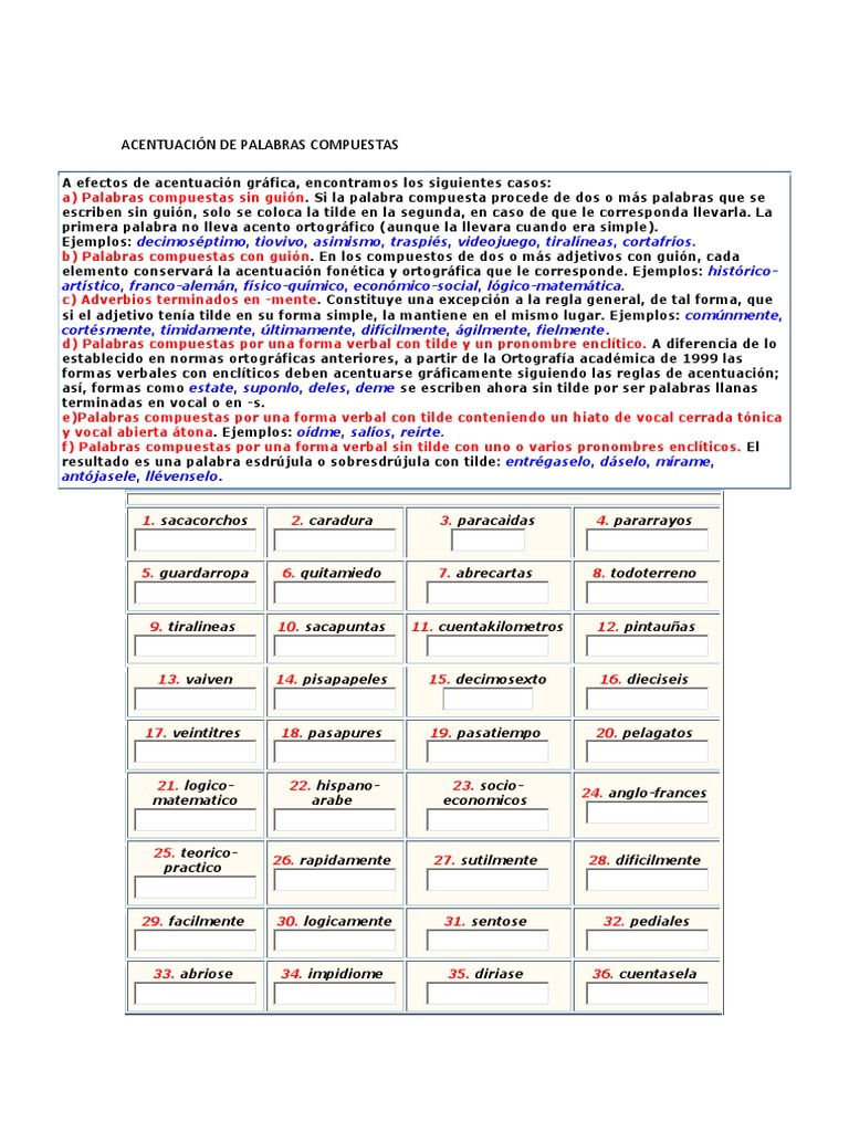 Acentuación de Palabras Compuestas | PDF | Adverbio | Palabra