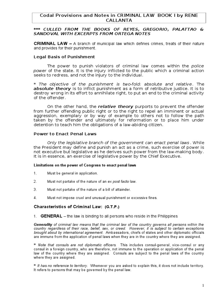 Codal Provisions and Notes in CRIMINAL LAW BOOK I by RENE Callanta | PDF | Intention (Criminal ...