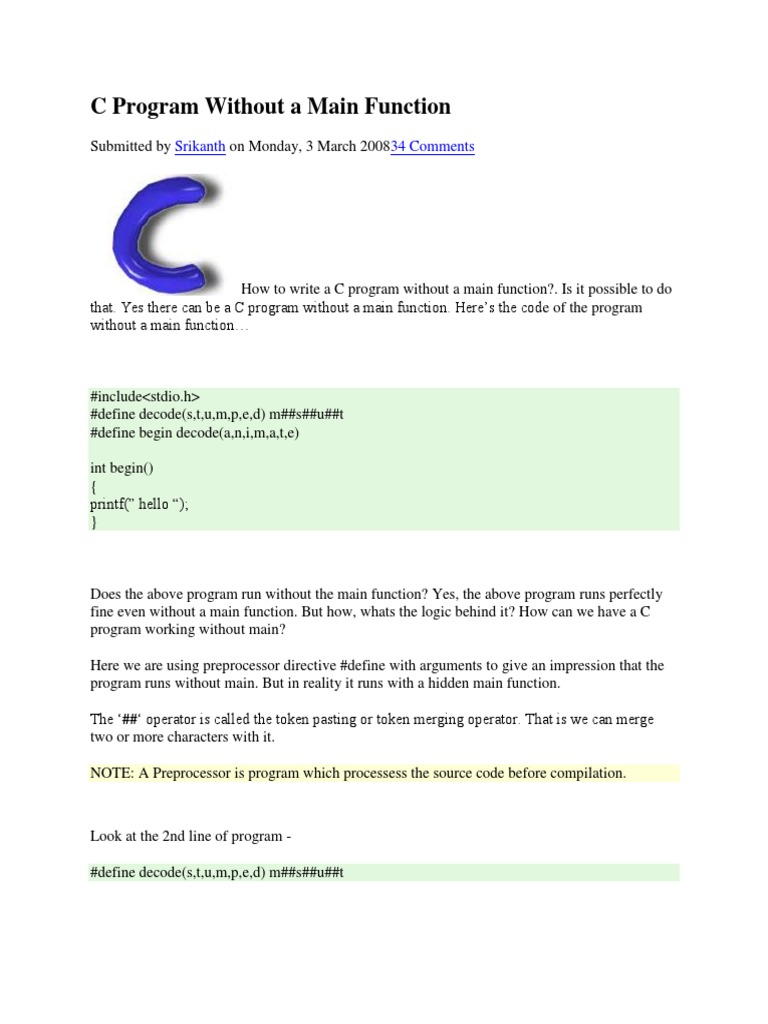 C Program Without A Main Function Pdf Macro Computer Science C Programming Language