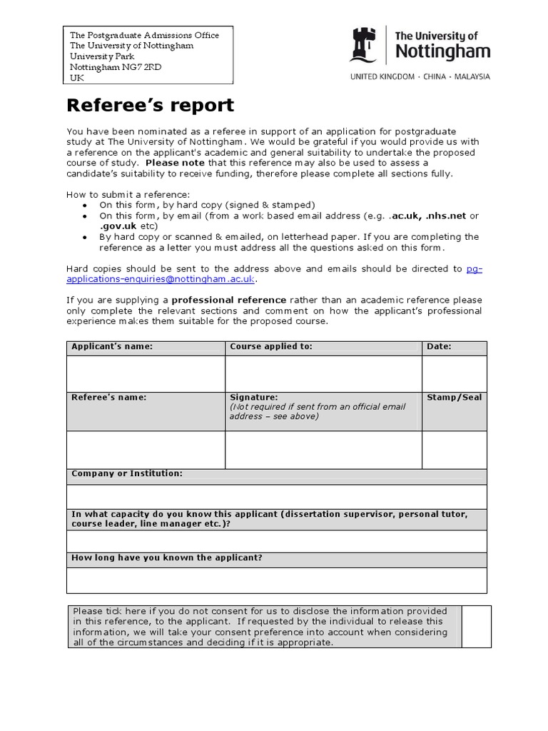 University of Nottingham Reference Form PDF | PDF | Postgraduate ...
