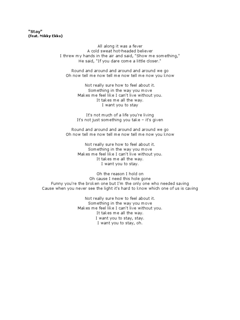 Stay Lyrics | PDF | Leisure | Entertainment (General)