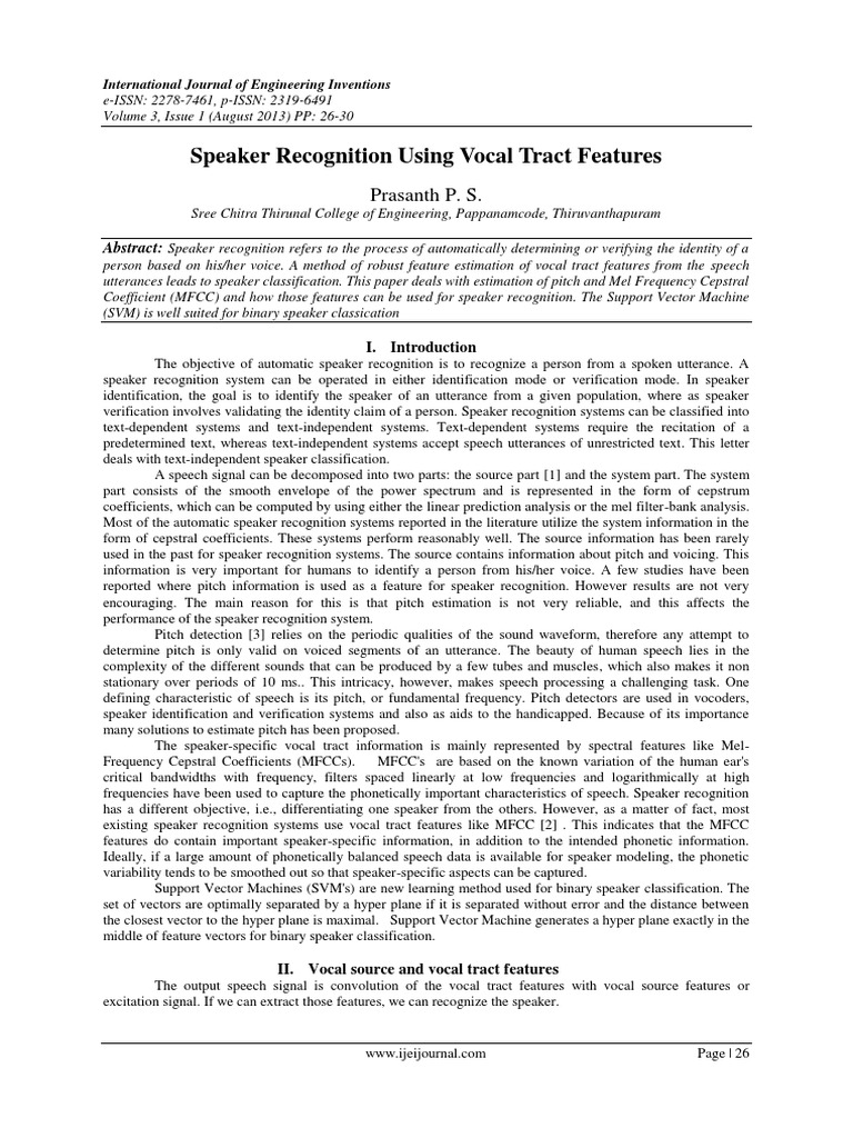 Speaker Recognition Using Vocal Tract Features | PDF | Support Vector Machine | Signal Processing