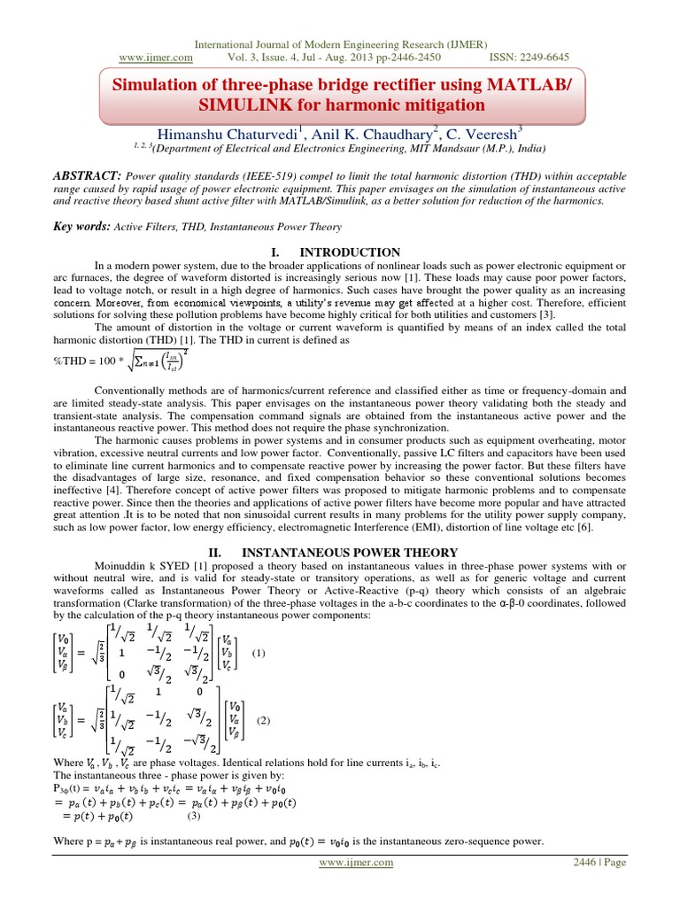 Simulation of Three-Phase Bridge Rectifier Using MATLAB/ SIMULINK For Harmonic Mitigation | PDF ...