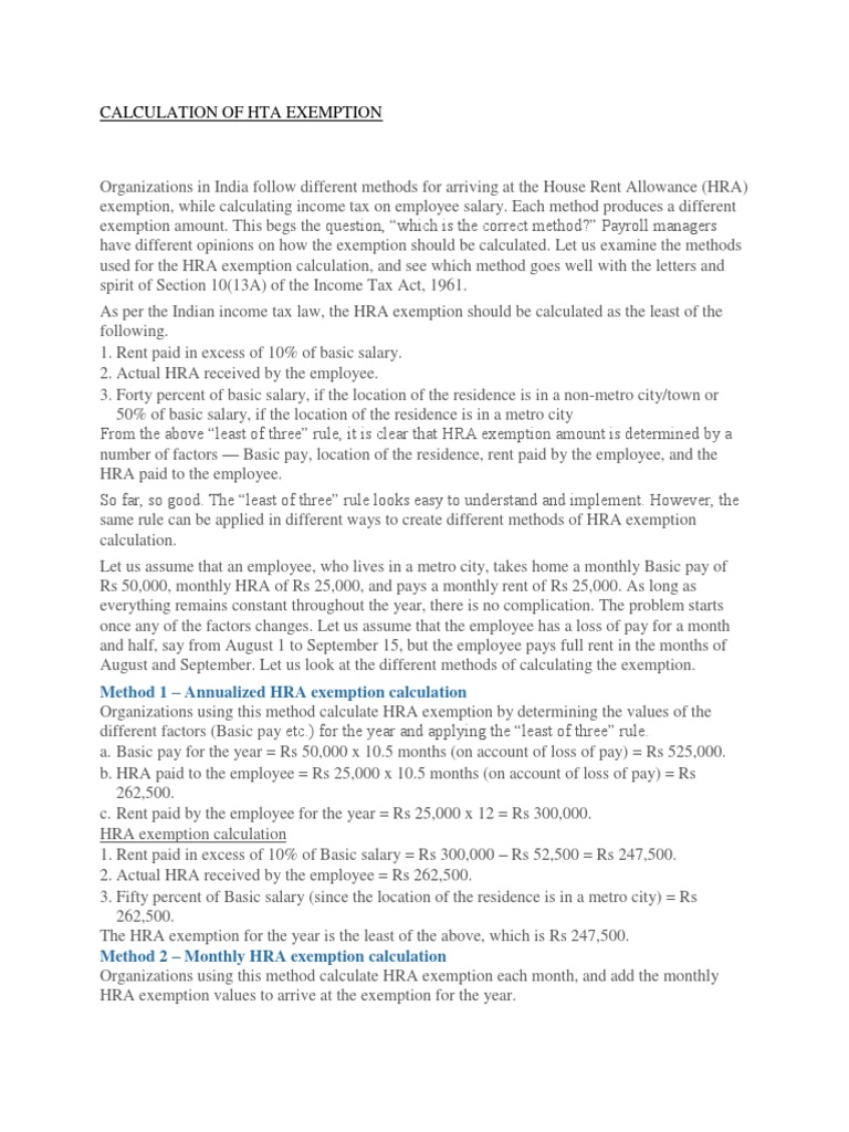 Calculation of Hra For Tax Exemption | PDF