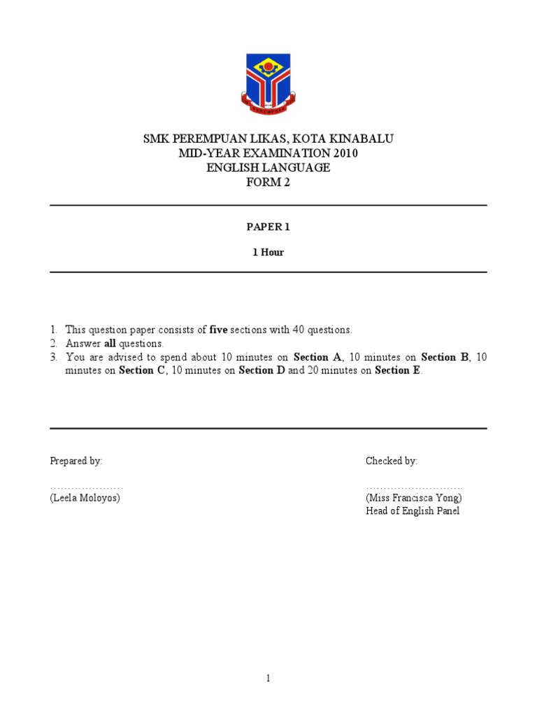 SMK Perempuan Likas, Kota Kinabalu Mid-Year Examination 2010 English Language Form 2 | PDF ...