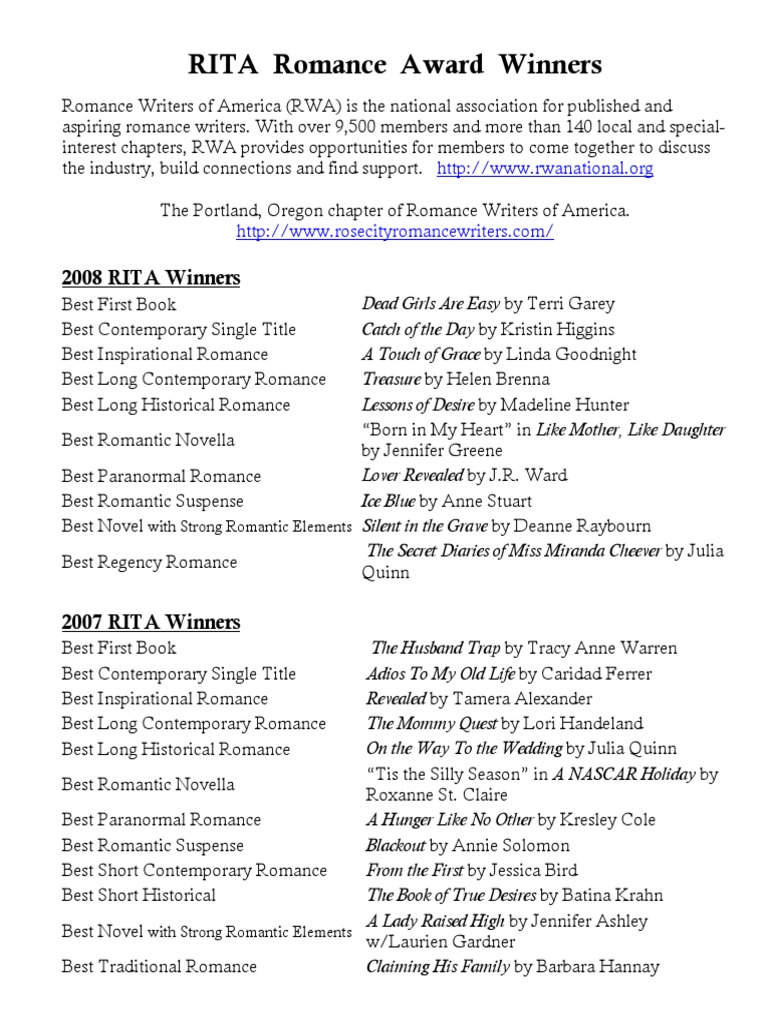 RITA Romance Award Winners | PDF | Romance Novels | North American Writers