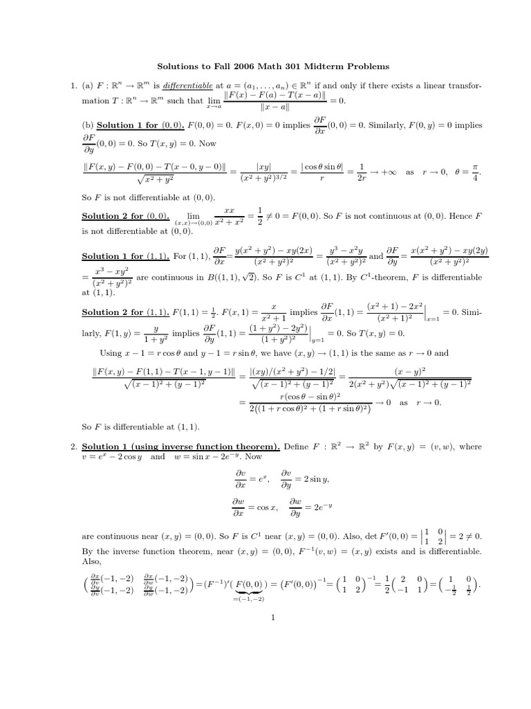 Solutions To Fall 2006 Math 301 Midterm Problems: N M 1 N N | PDF | Continuous Function ...
